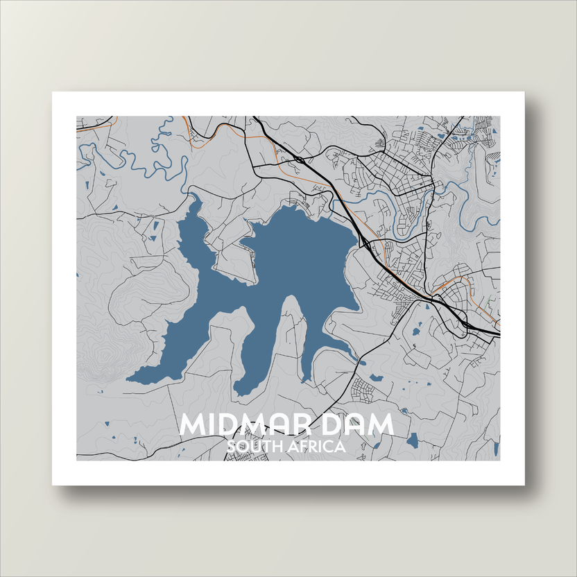 Midmar Dam Map | Grey & Blue – Africa Map Art
