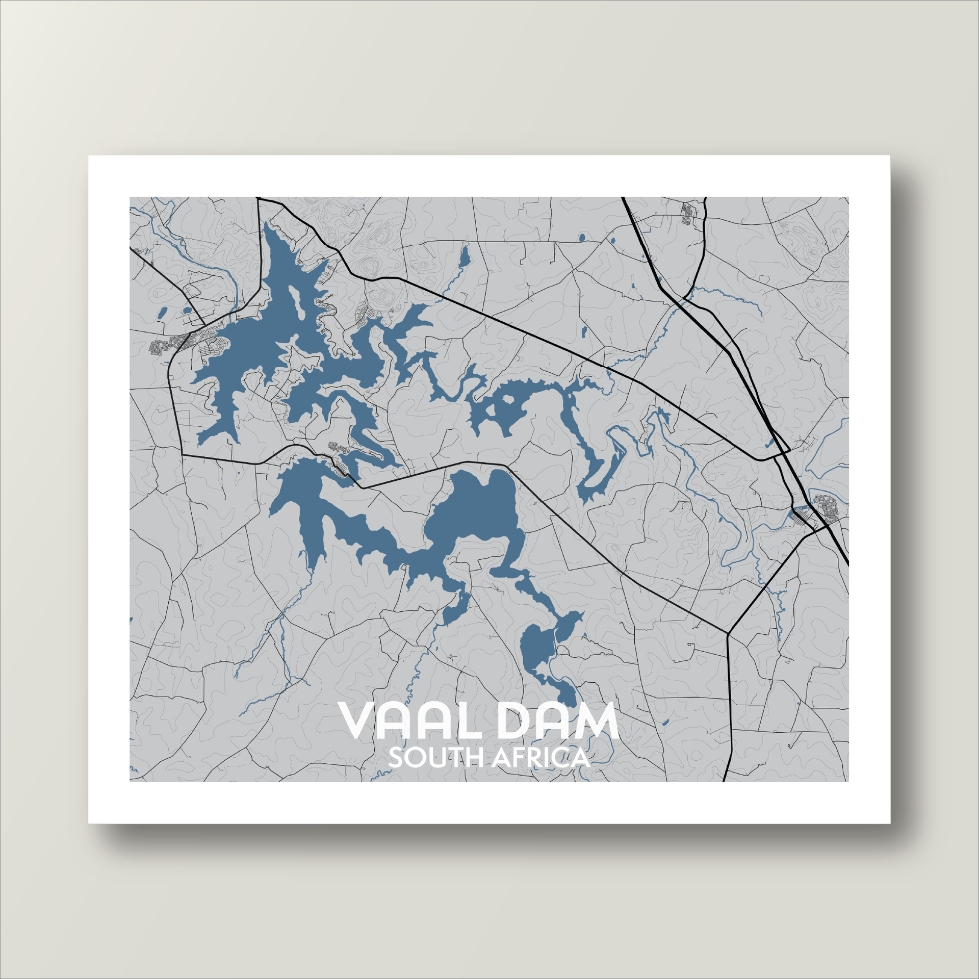 Vaal Dam Map | Grey & Blue – Africa Map Art