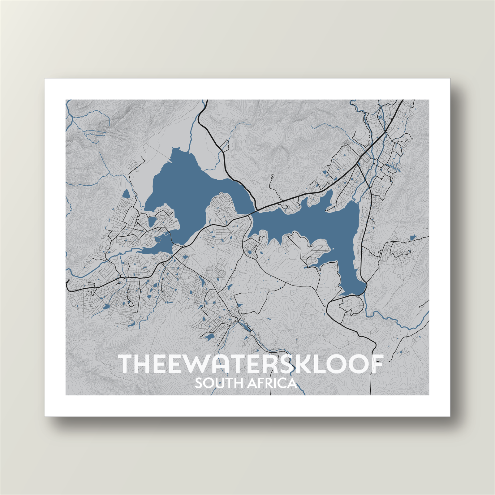 Theewaterskloof Dam Map | Grey & Blue – Africa Map Art